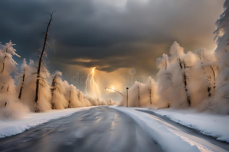 Winter Wonderland Road with Lightning Storm Stock Illustration ...