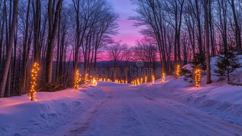 Winter Wonderland Road Lights Trees Snow Sunset Stock Illustration ...