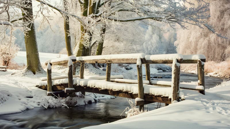 A Winter Wonderland: Rustic Bridge Over a Stream Stock Illustration ...