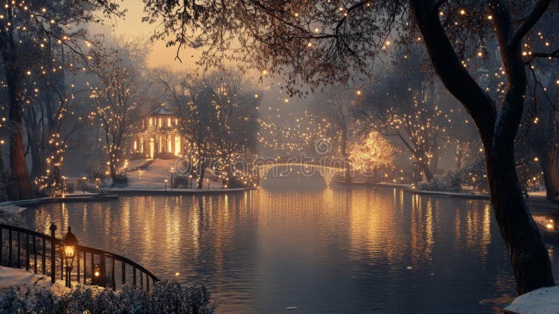 Winter Wonderland Scene with Illuminated Bridge and House Stock ...
