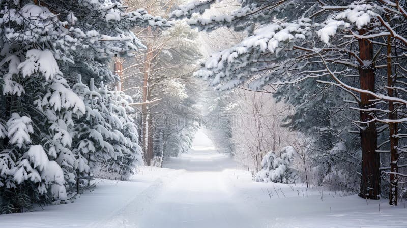 Winter Wonderland, Snow-covered Forest Path Lined with Tall Pine Trees ...