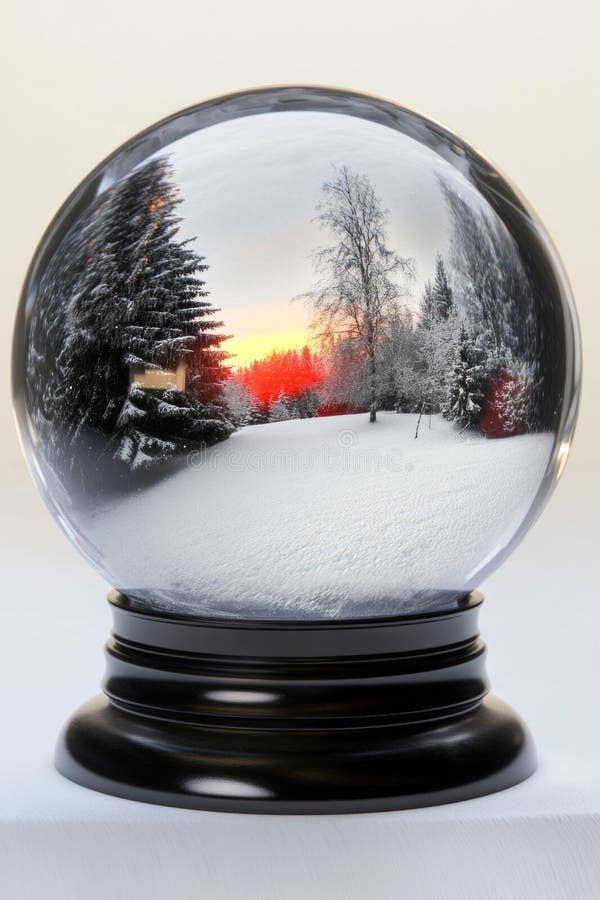 Winter Wonderland Snow Globe with Forest and Sunset Reflection Stock ...