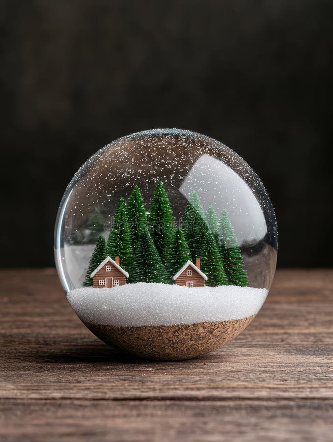 Winter Wonderland Snow Globe with Miniature Houses and Trees Stock ...