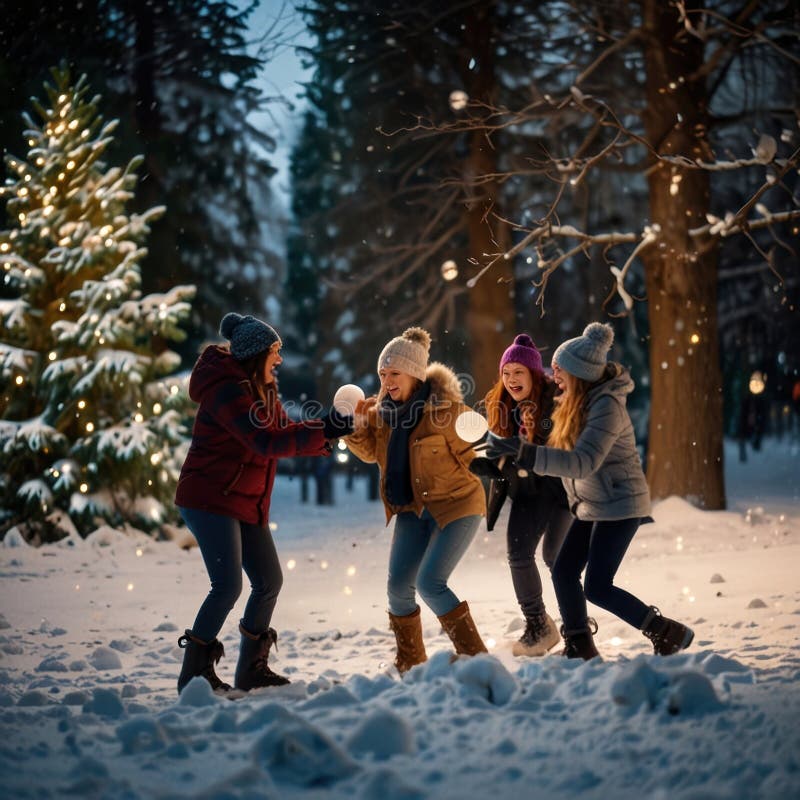 Winter Wonderland Snowball Fight Fun Stock Illustration - Illustration ...