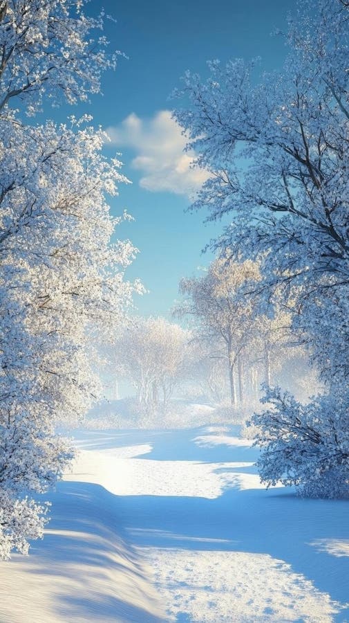 Winter Wonderland, Snowy Forest Path with Blue Sky and Sunbeams Stock ...
