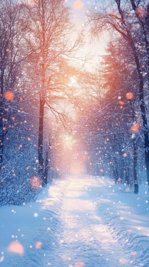 Winter Wonderland, Snowy Forest Path with Glimmering Sunlight Stock ...