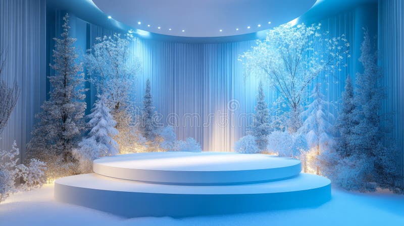 A Winter Wonderland Stage with Snow-Covered Trees and a Circular ...