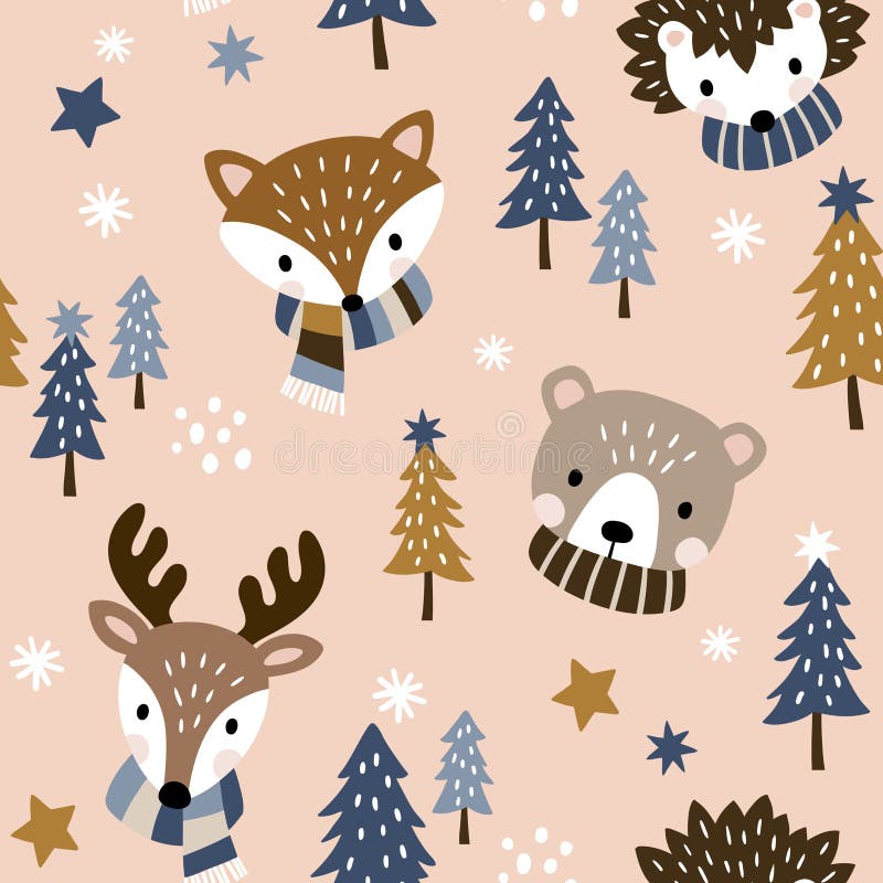 Seamless Vector Pattern with Cute Woodland Animal Heads and Winter ...