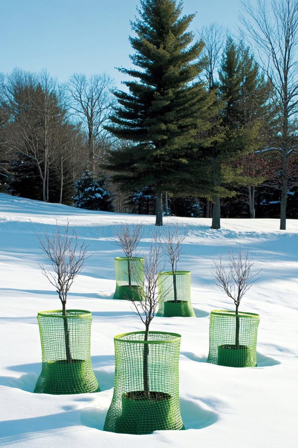 Winter Young Trees Protected in Green Mesh Covers High Quality Image ...