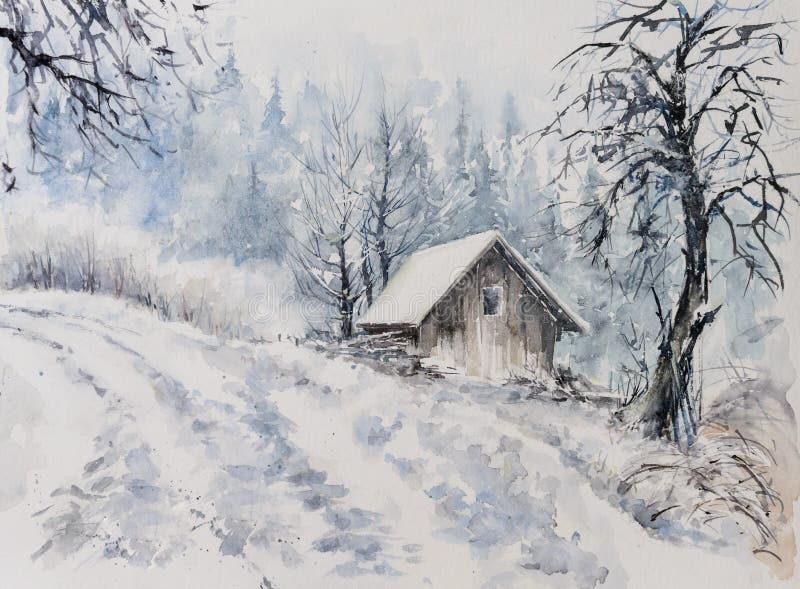 Winterlandschaft Mit Aquarell Eines Hauses Stock Abbildung ...