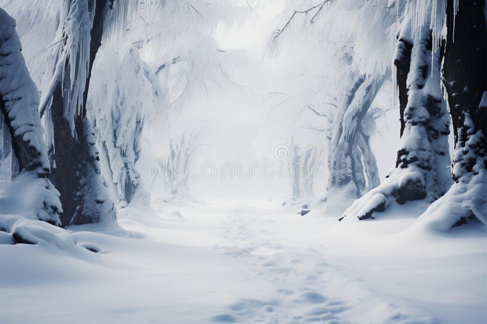 Winters Path Meanders through an Ancient Snow Draped Forest of ...