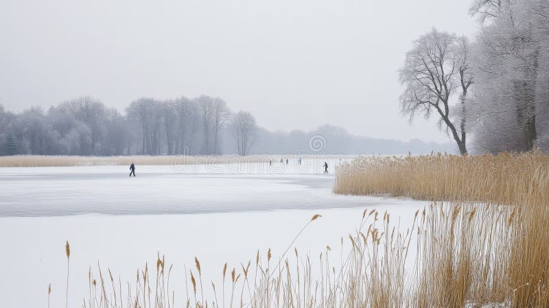 Wintery Landscape with Frozen Lake and Reed Bed Stock Illustration ...