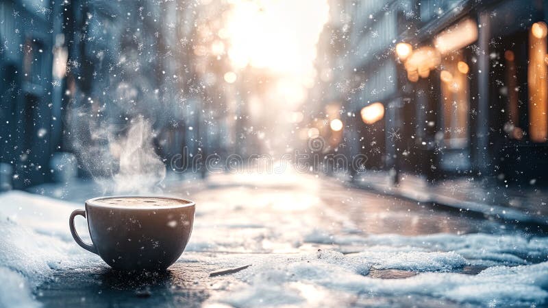 A Wintery Street Scene with a Steaming Cup of Coffee in the Foreground ...