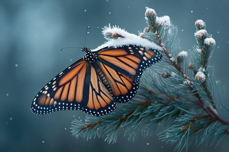 Wintry Scene with the Flutter of a Monarch Butterfly Stock Illustration ...