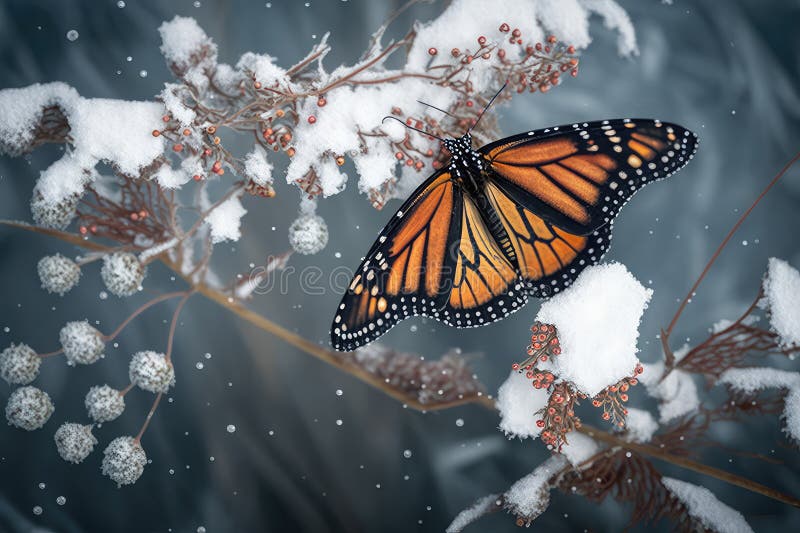 Wintry Scene with the Flutter of a Monarch Butterfly Stock Illustration ...