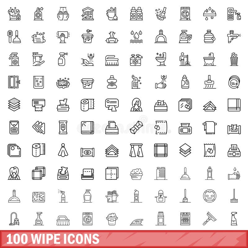 100 Wipe Icons Set, Outline Style Stock Illustration - Illustration of ...