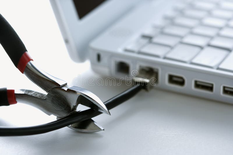 Wire Cutters Cutting Cable To Laptop Stock Photo - Image of closeup ...