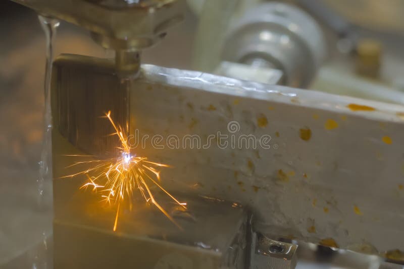 Wire Cutting Machine Working with Metal Workpiece with Sparks Stock ...