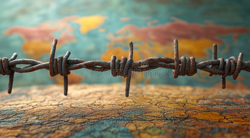 A Wire Fence is Stretched Across a Map of the World Stock Image - Image ...