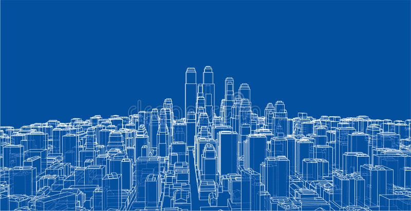 Wire-frame City, Blueprint Style Stock Illustration - Illustration of ...