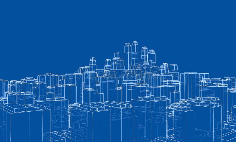 Wire-frame City, Blueprint Style. Vector Stock Vector - Illustration of ...