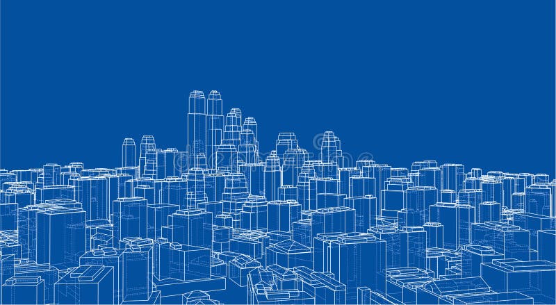 Wire-frame City, Blueprint Style. Vector Stock Vector - Illustration of ...