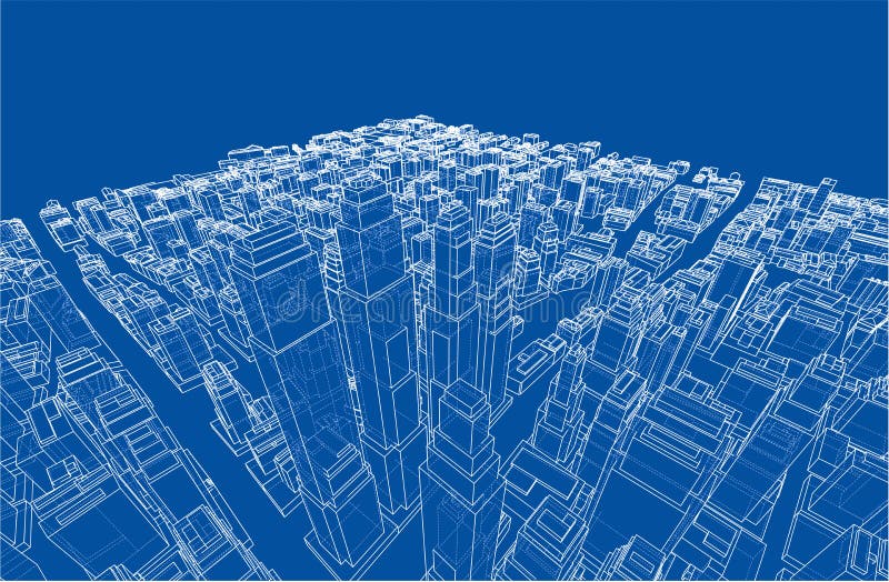 Wire-frame City, Blueprint Style. Vector Stock Vector - Illustration of ...