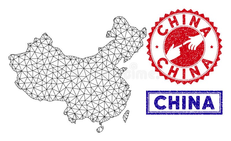 Polygonal 2D China Map and Grunge Stamps Stock Vector - Illustration of ...