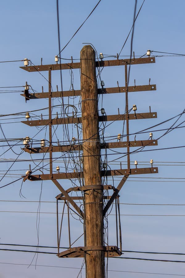 Wire Mess on the Old Wooden Rusty Pylon. Stock Image - Image of ...