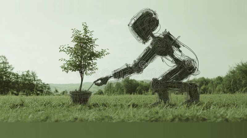 Wire Sculpture of a Humanoid Robot Crouching beside a Small Potted Tree ...