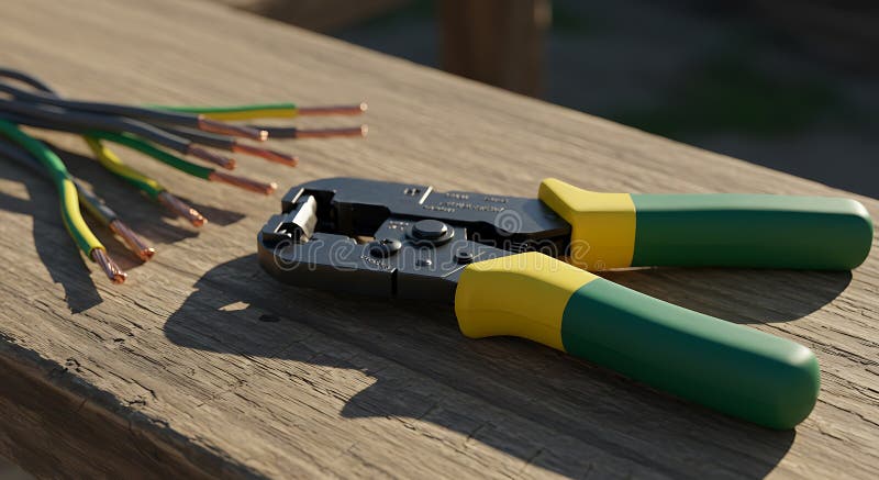 Wire Stripper and Cables on Wooden Surface for Electrical Work Stock ...
