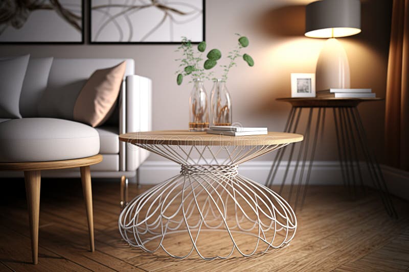 Wire Table in Modern Living Room with Wooden Floor Stock Illustration ...