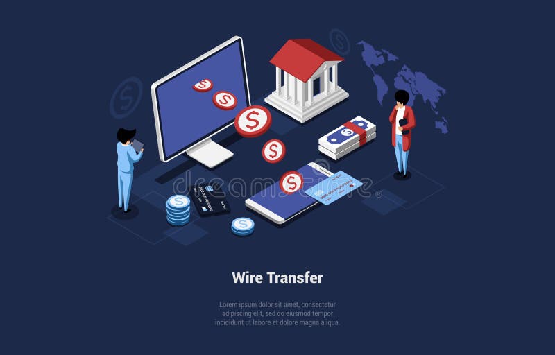 Wire Transfer Vector Illustration in Cartoon 3D Style on Dark ...
