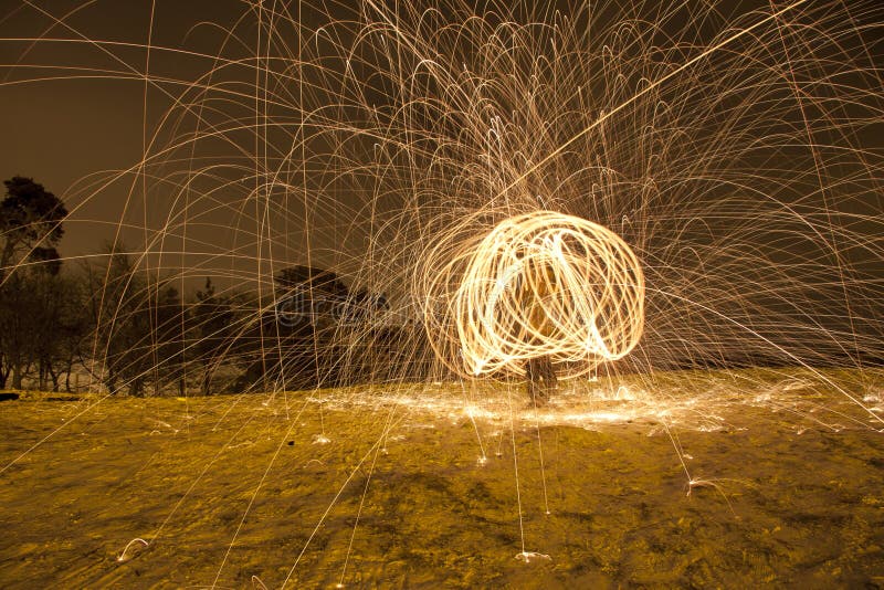 Wire Wool Spinning in the Dark in Black and White Stock Image - Image ...