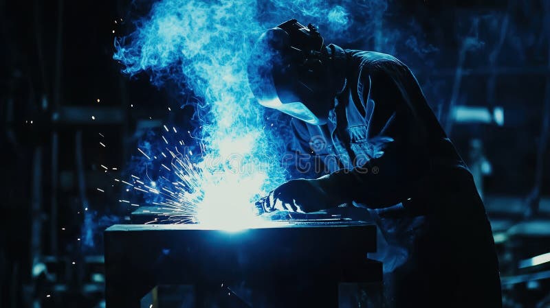 Wired Worker Welding with Blue Sparks in Dark Factory Stock Photo ...