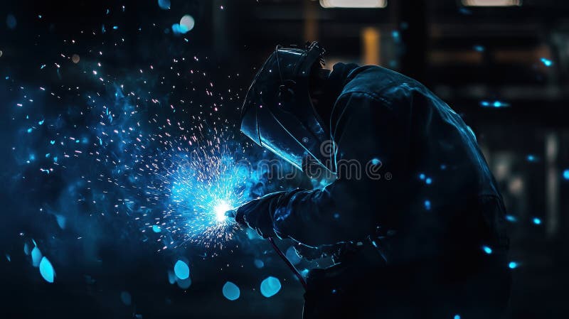Wired Worker Welding with Blue Sparks in Dark Factory Stock Image ...