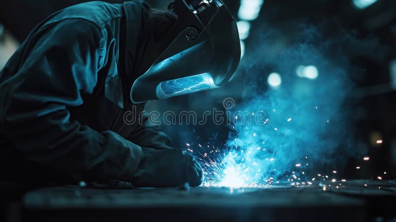 Wired Worker Welding with Blue Sparks in Dark Factory Stock Photo ...