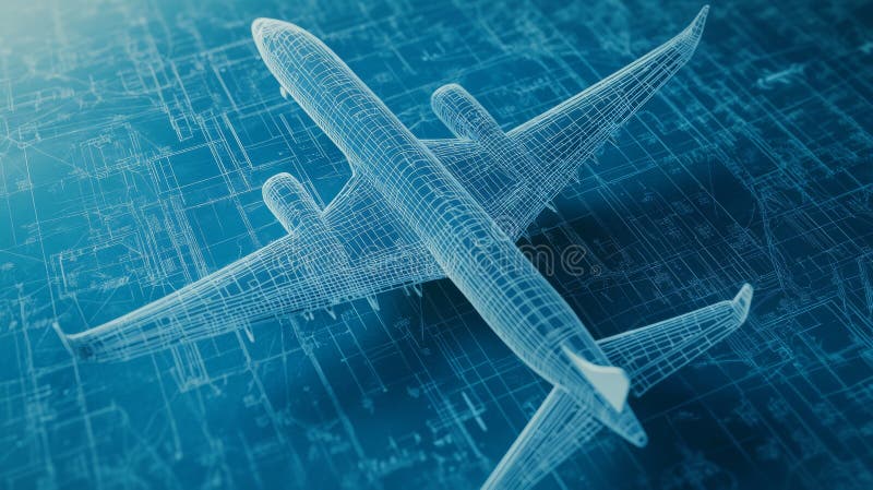 Wireframe Airplane Model Hovering Over Blueprints Stock Photo - Image ...