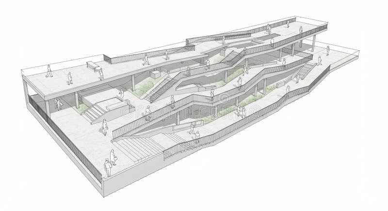 Wireframe Architectural Model of a Multi-level Urban Space, Featuring ...