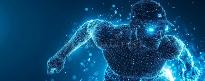 Wireframe Athlete in Dynamic Pose with Digital Effects, Representing ...
