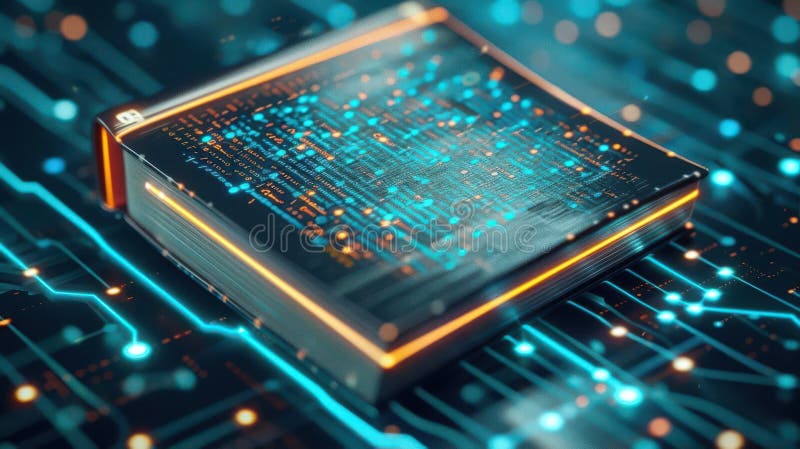 Wireframe Book on Digital Matrix with Glowing Text, Surrounded by a ...