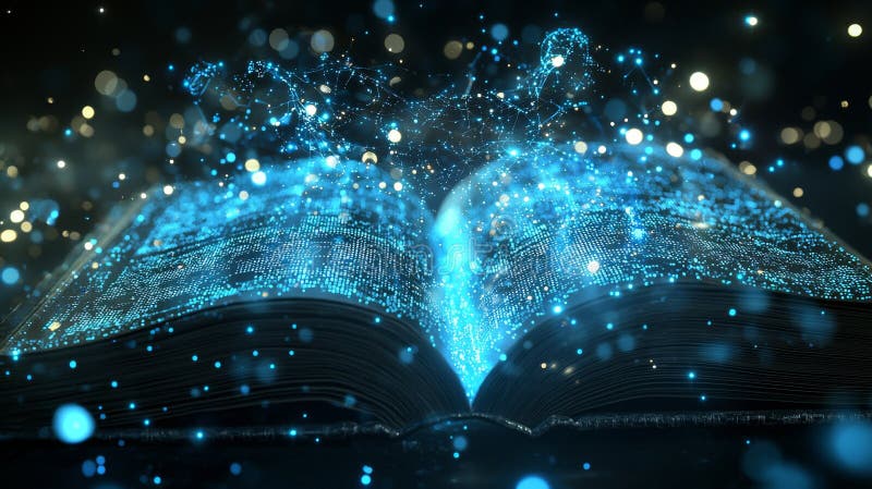 Wireframe Book with a Glowing Computer Screen in Abstract Style Stock ...