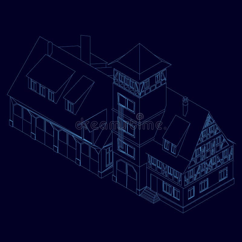 Wireframe of Building of Blue Lines on a Dark Background. 3D. Isometric ...