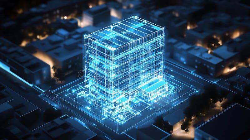 Wireframe Building Design in Blue Neon Lights Against Cityscape ...