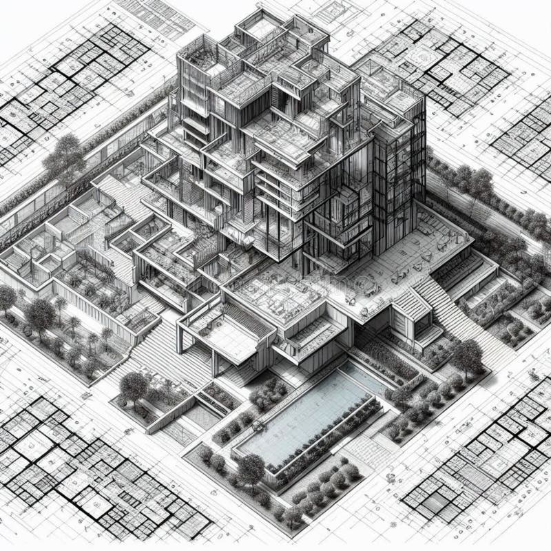 Wireframe of Building, Sketch Design. Digital Project Visualization ...