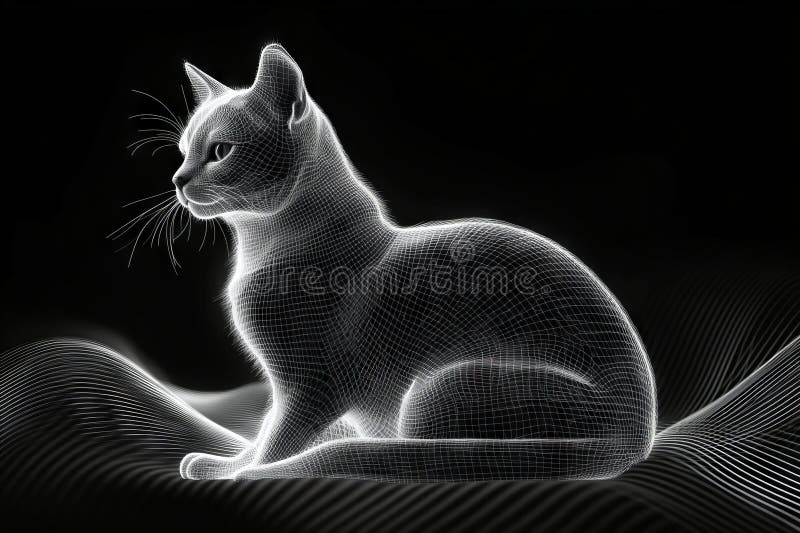 Wireframe Cat in a Black and White Digital Landscape. Stock Photo ...