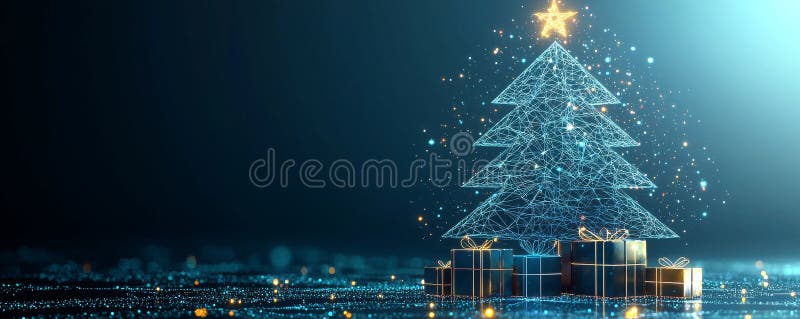 Wireframe Christmas Tree with Glowing Decorations and Presents in a ...