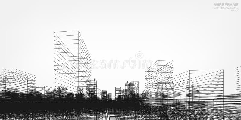 Wireframe City Background. Perspective 3D Render of Building Wireframe ...