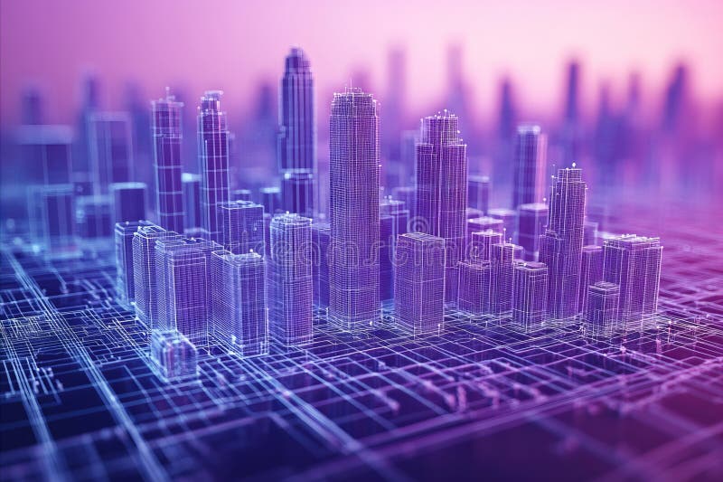 A Wireframe City Skyline in Shades of Purple and Blue. Stock Image ...