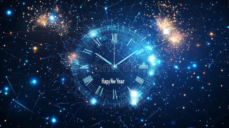 Wireframe Clock with Fireworks and Happy New Year Text Symbolizing ...